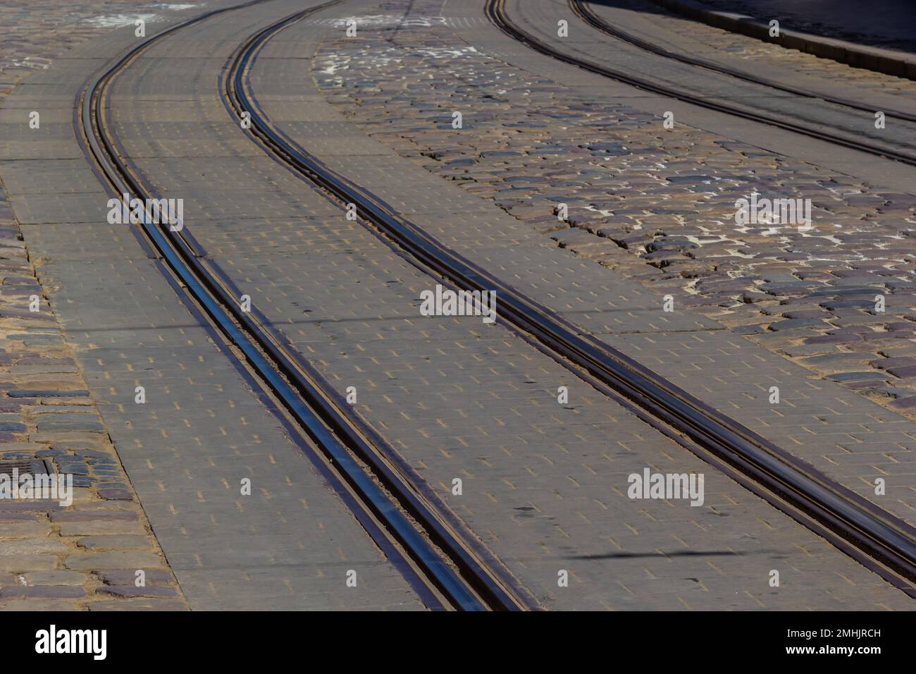 Metallic tracks in urban environment for tram. background image Stock ...