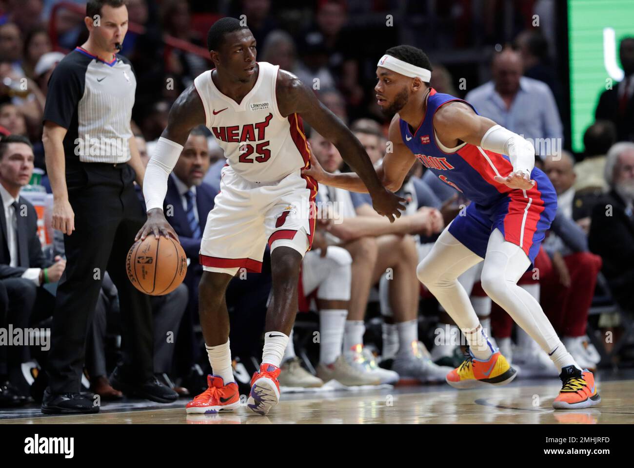 Miami Heat guard Kendrick Nunn (25) is defended by Detroit Pistons ...