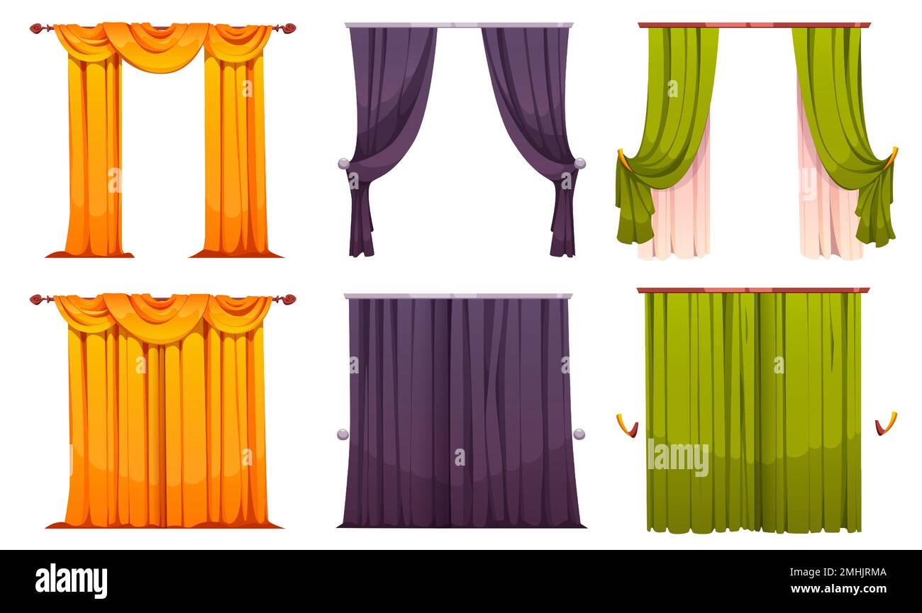 Cartoon set of open and closed curtains isolated on white background ...