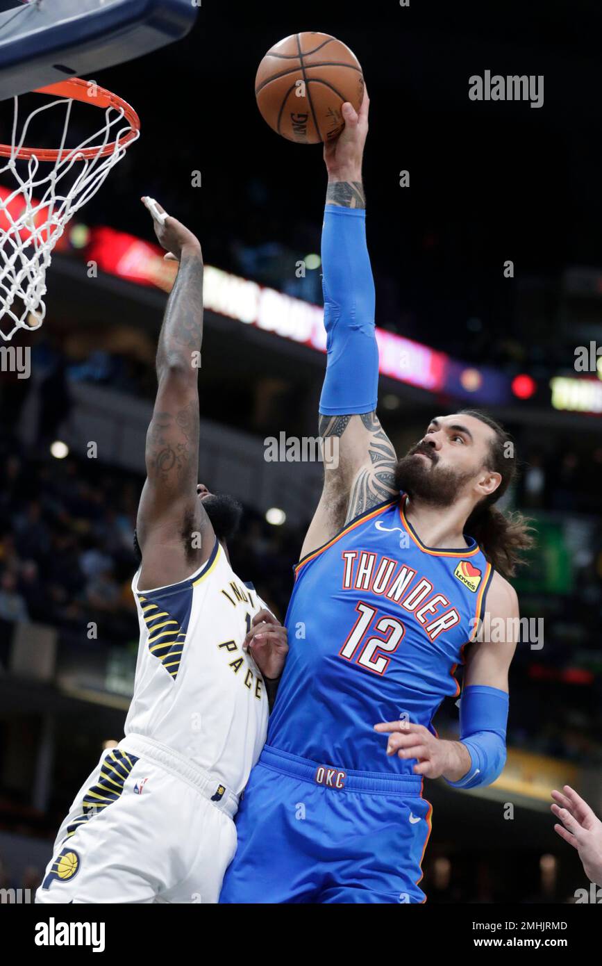 Oklahoma City Thunder center Steven Adams (12) misses a dunk over ...