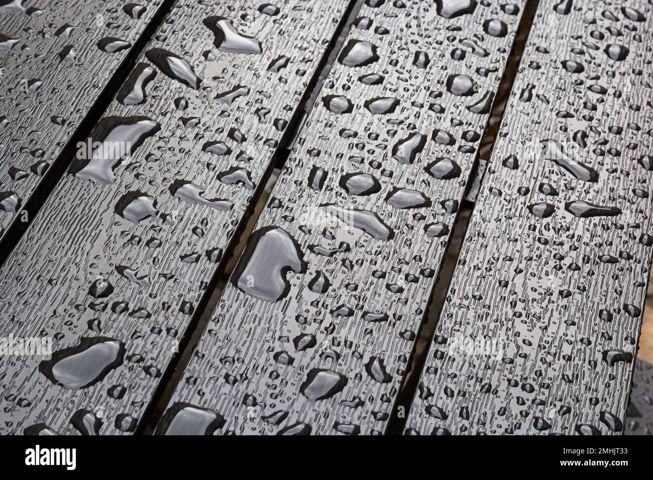 wet wooden planks of bench, background of wood texture with water drops ...