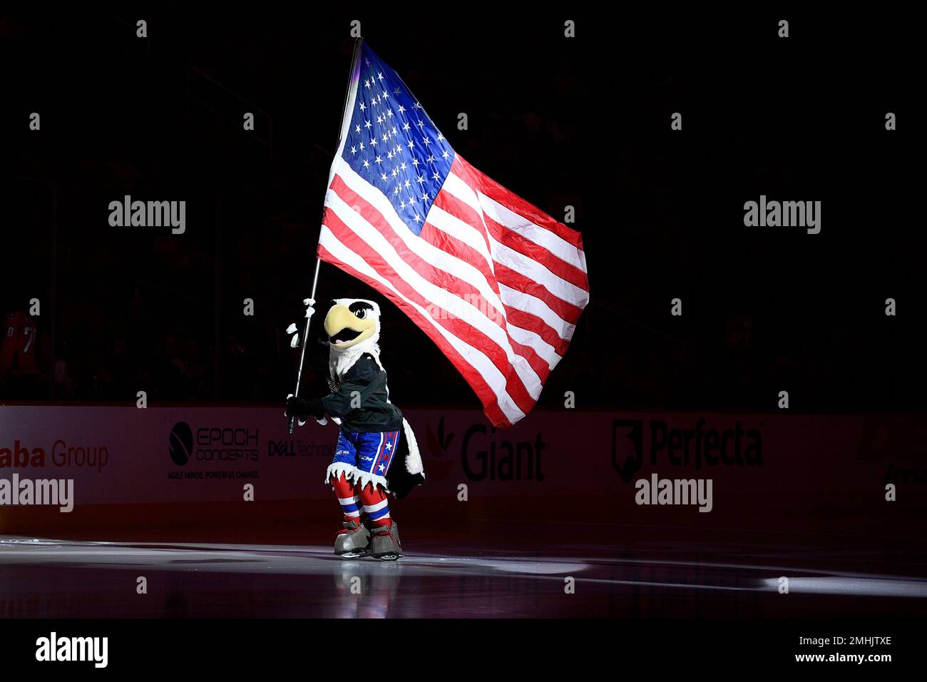 Washington Capitals mascot Snapshot carries an american flag before an ...