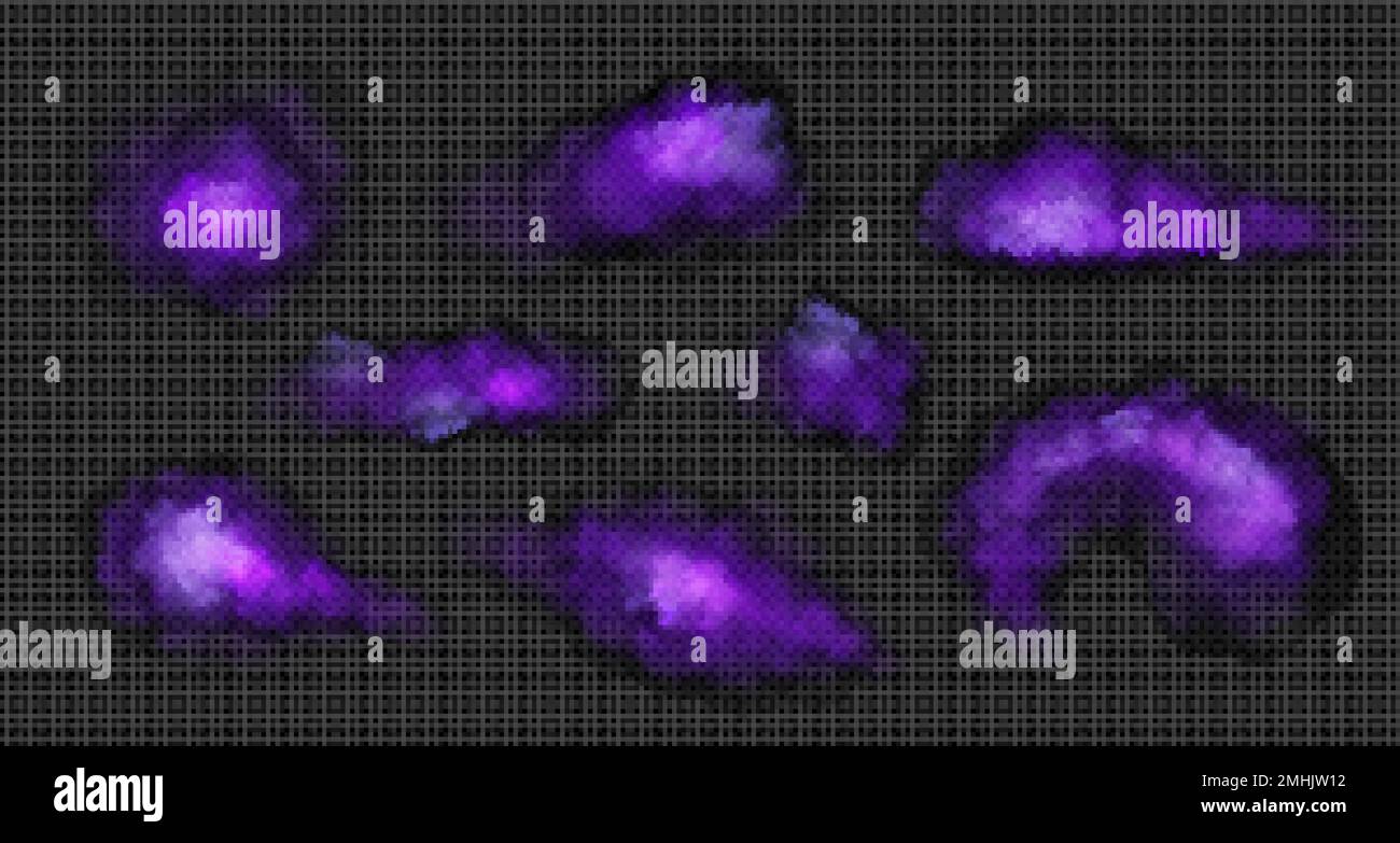 Violet clouds of smoke, fog or steam. Magic purple dust splashes, color ...