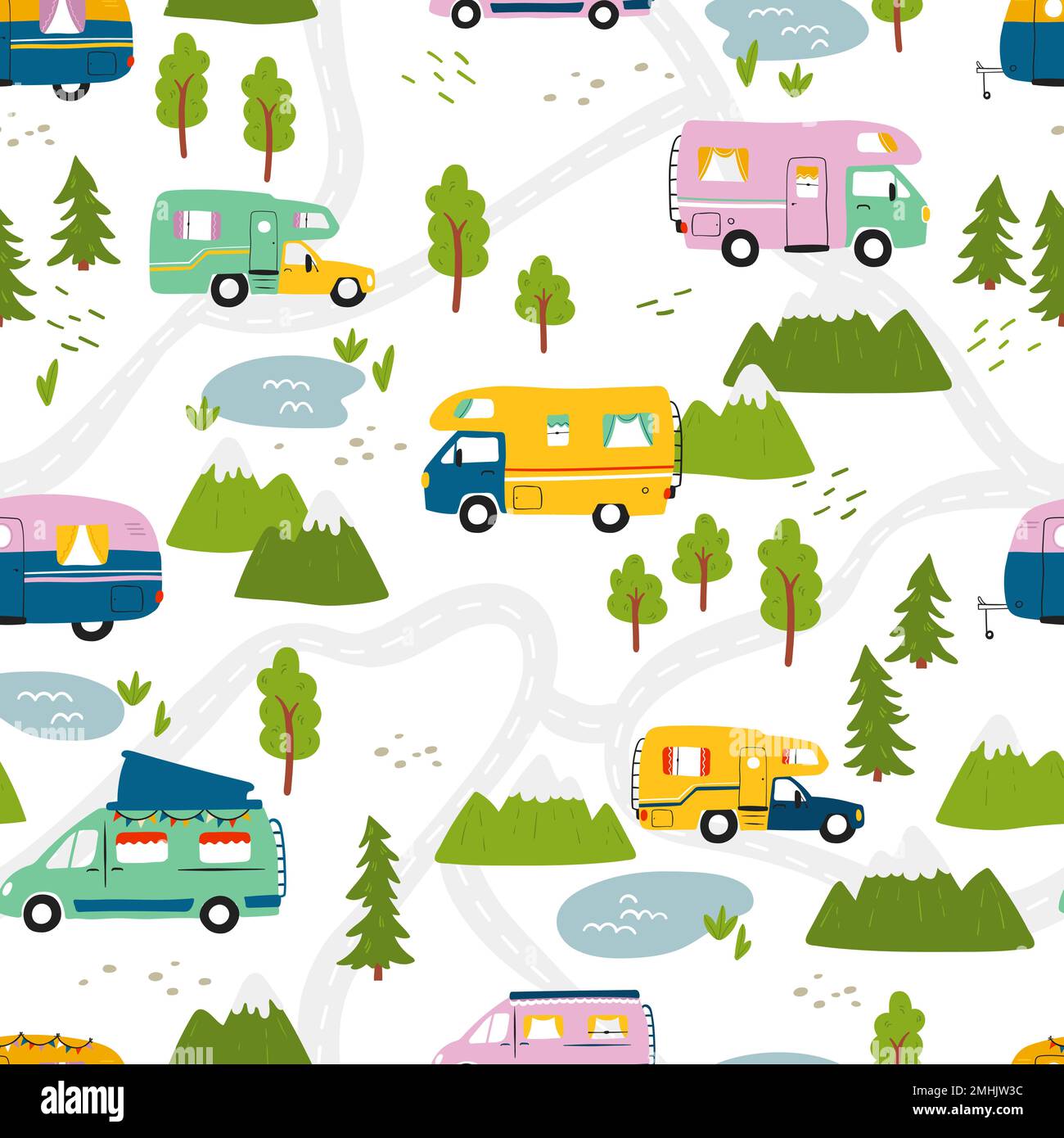 Road trip seamless pattern, doodle camper vans, vanlife, adventure ...