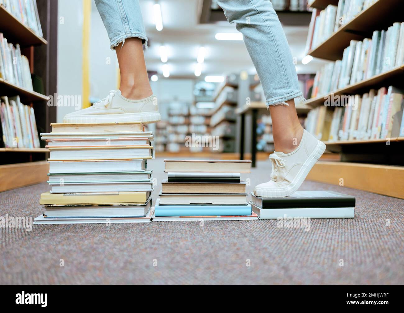 Woman feet, book steps and library for symbol of progress in learning ...