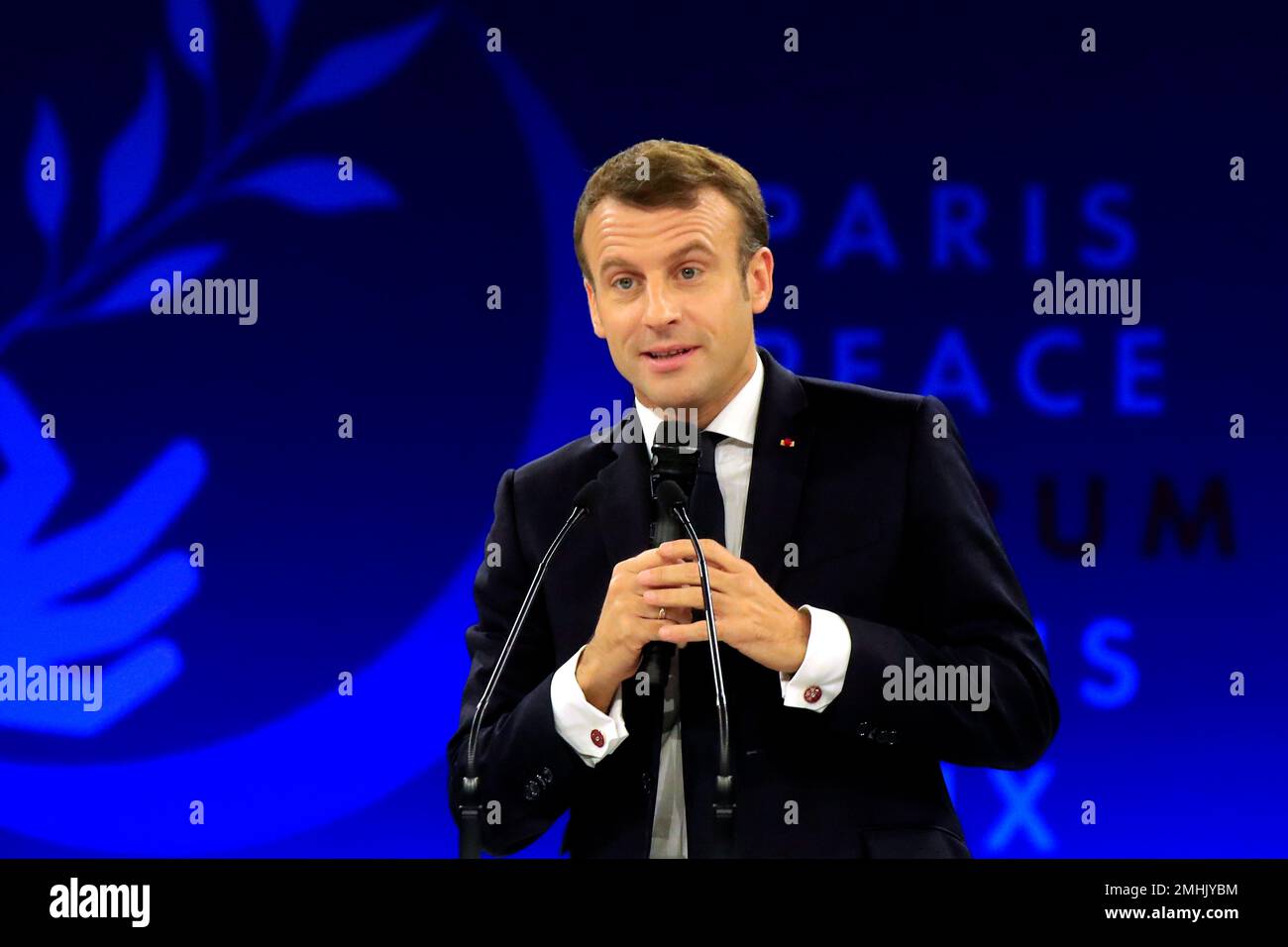 French President Emmanuel Macron delivers his speech at the Paris Peace ...