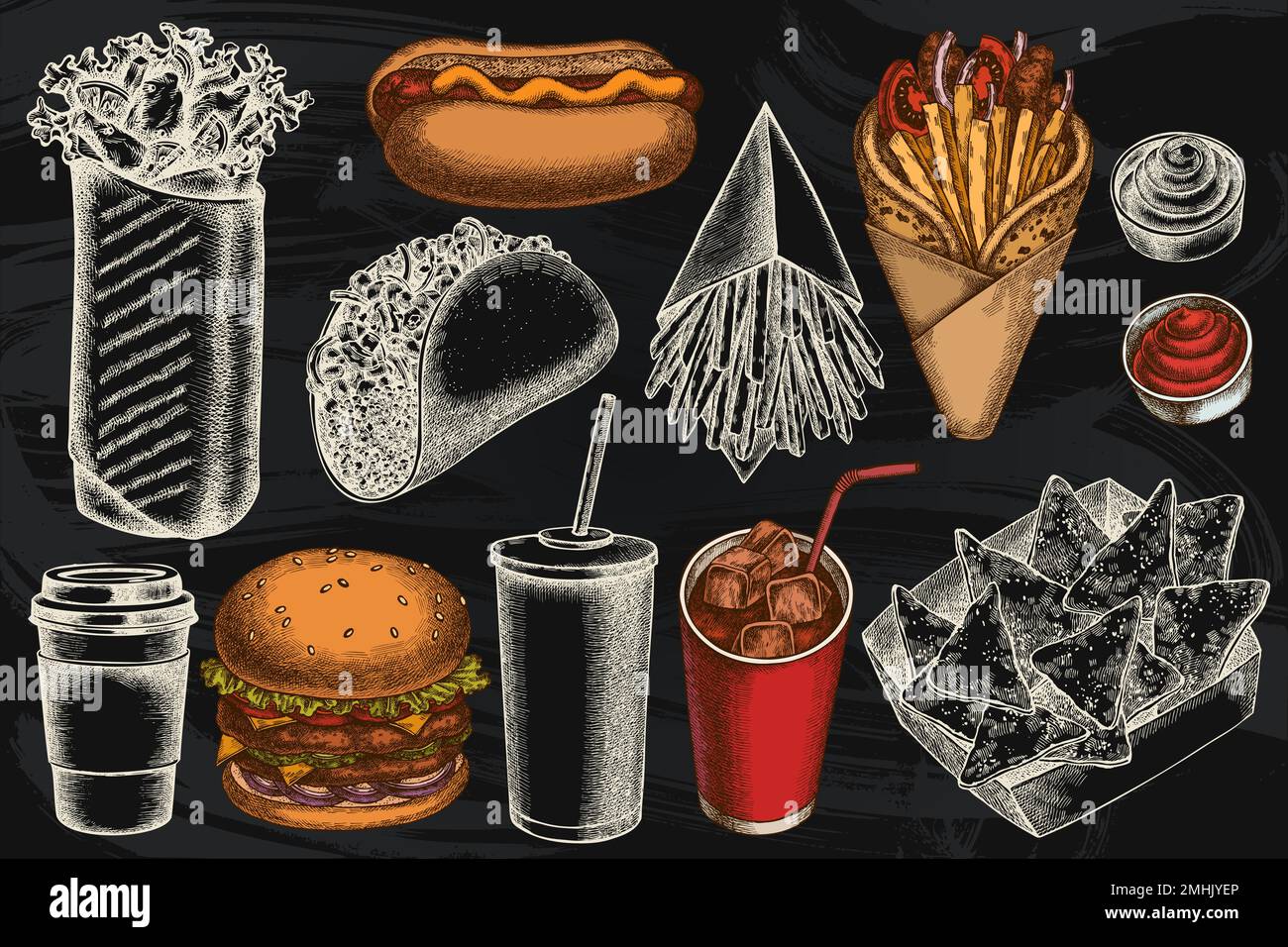 Street food hand drawn vector illustrations collection. Stylized sauces ...