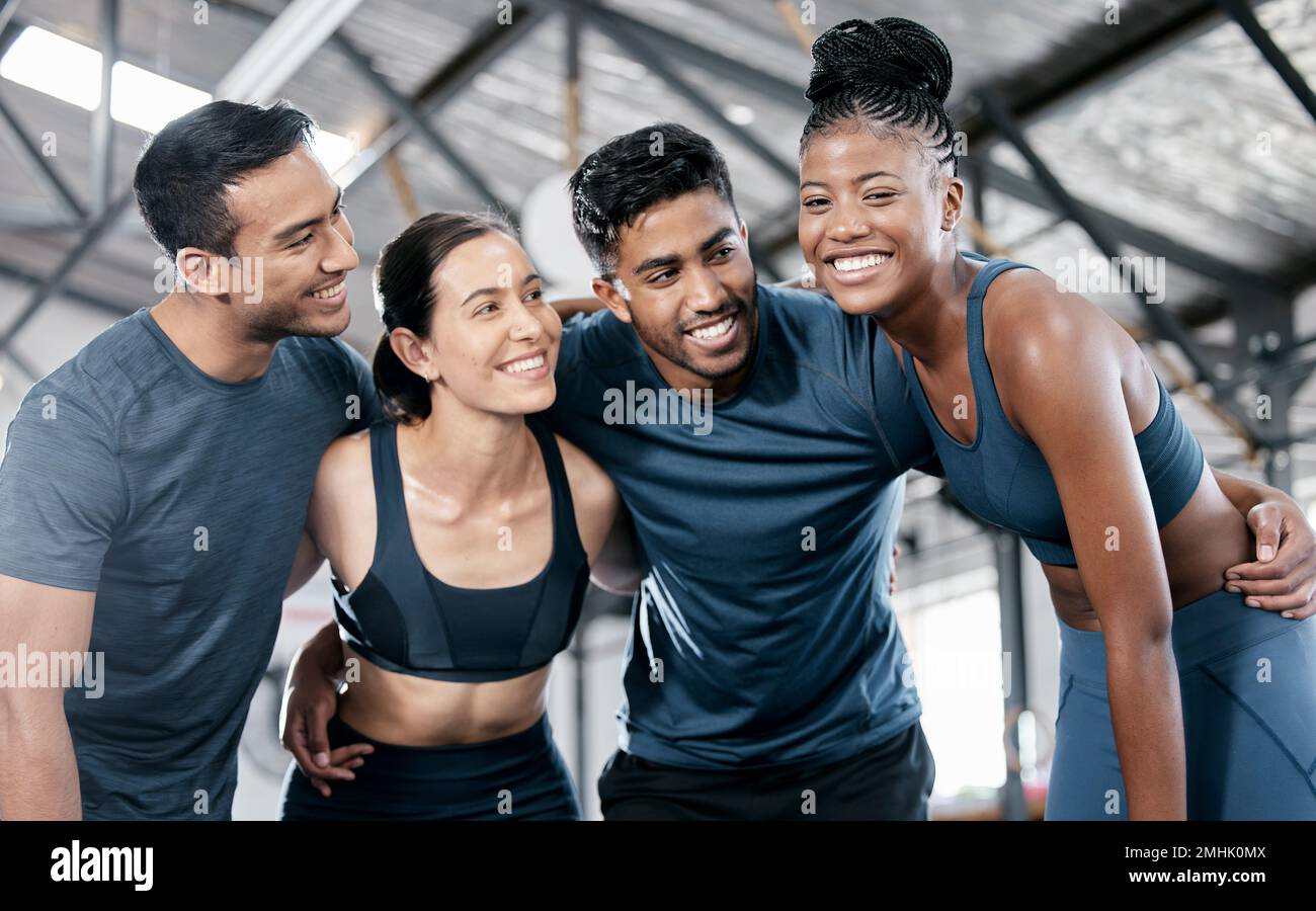 Diversity, fitness and team with smile for exercise, workout or ...