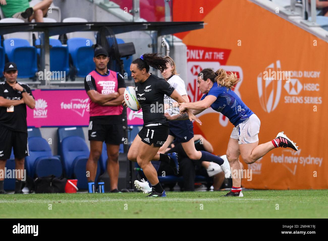 Portia Woodman-Wickliffe of New Zealand runs to score a try during the ...