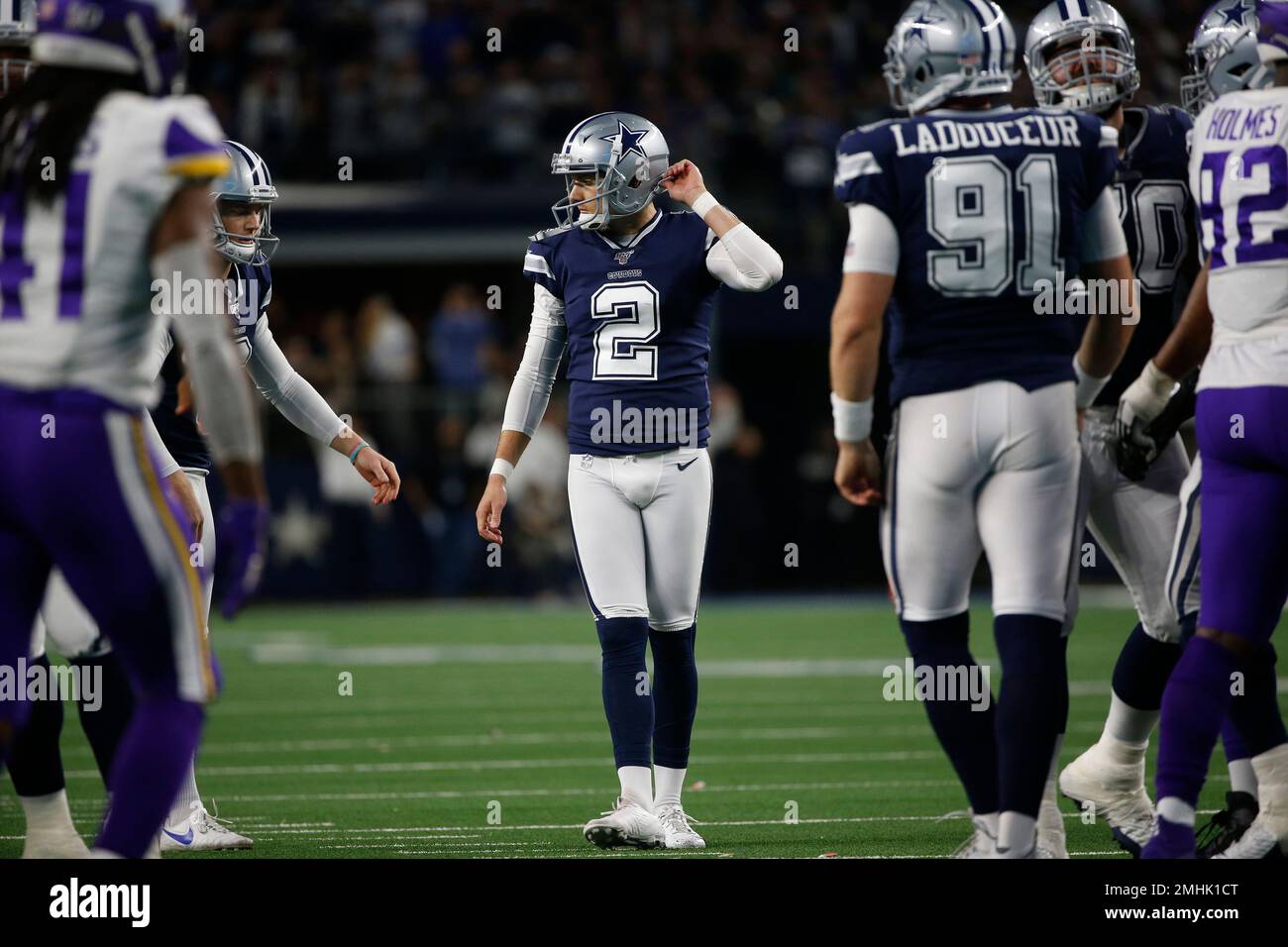 Dallas Cowboys kicker Brett Maher (2) looks on against the Minnesota ...