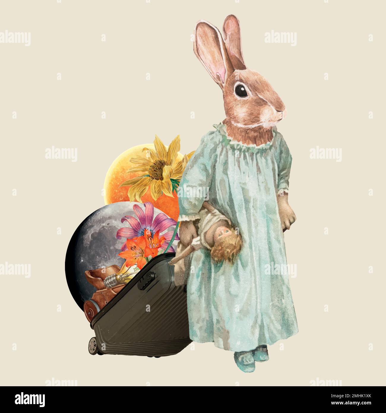 Collage vintage rabbit illustration vector, printable collage mixed ...