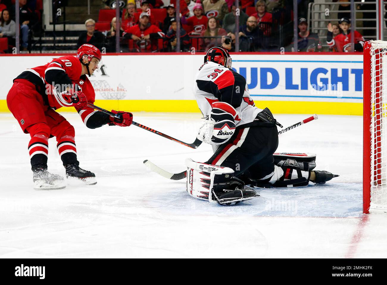 Carolina Hurricanes' Sebastian Aho (20), of Finland, shoots the puck ...