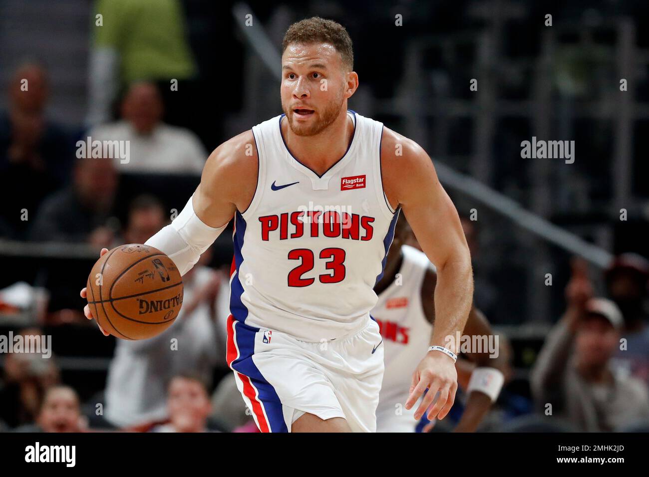 Detroit Pistons forward Blake Griffin brings the ball up court during ...
