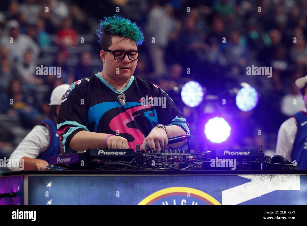 Slushii, a DJ from Los Angeles, performs during halftime of an NBA ...