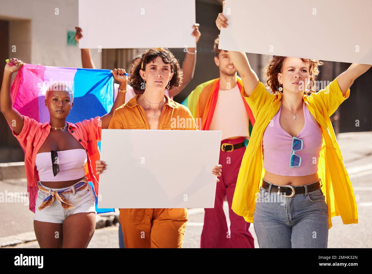 Lgbt protest, billboard mockup and people walking in city street for ...