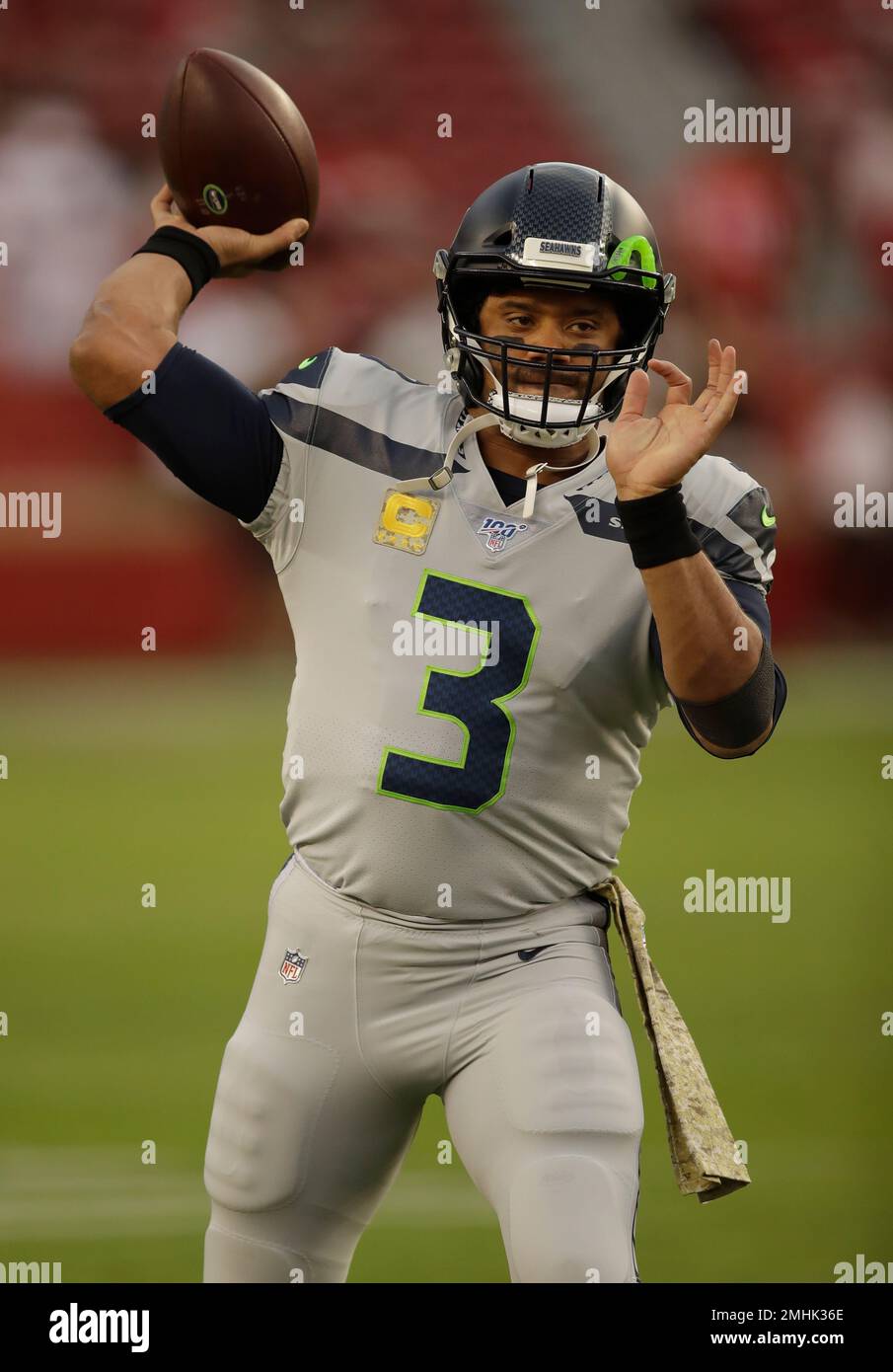 Seattle Seahawks quarterback Russell Wilson (3) warms up before an NFL ...