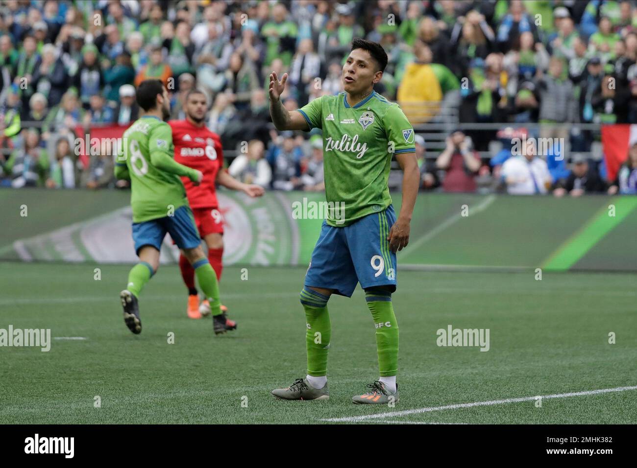 Seattle Sounders forward Raul Ruidiaz reacts to a play against Toronto ...
