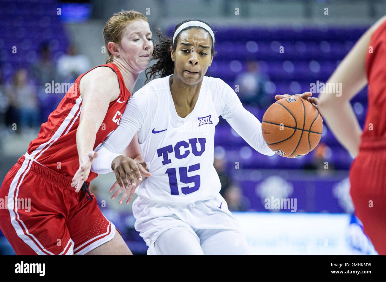TCU guard Jayde Woods (15) battles Cornell guard Shannon Mulroy (22 ...