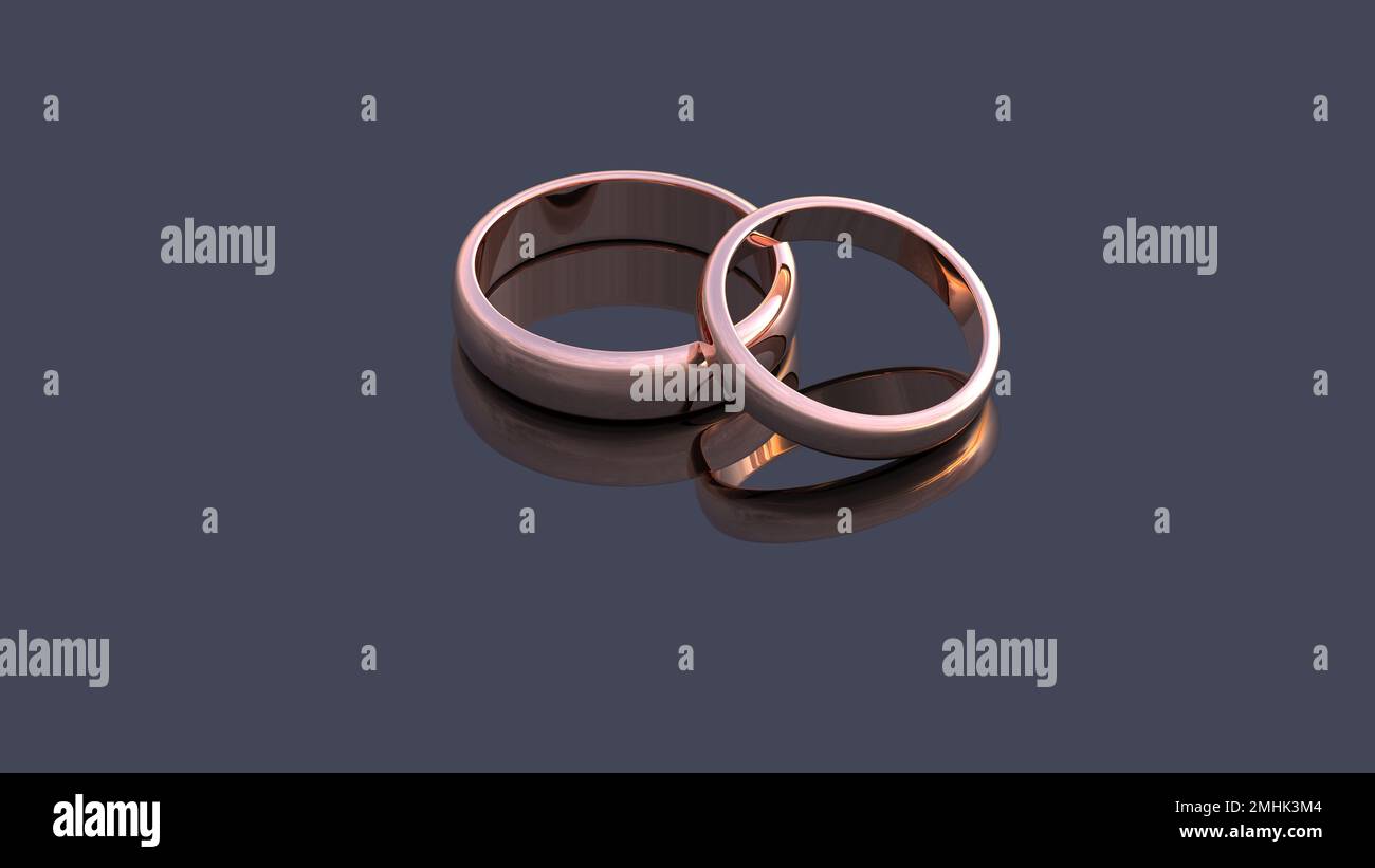 3D render - two gold wedding rings lie on a dark mirror surface Stock ...