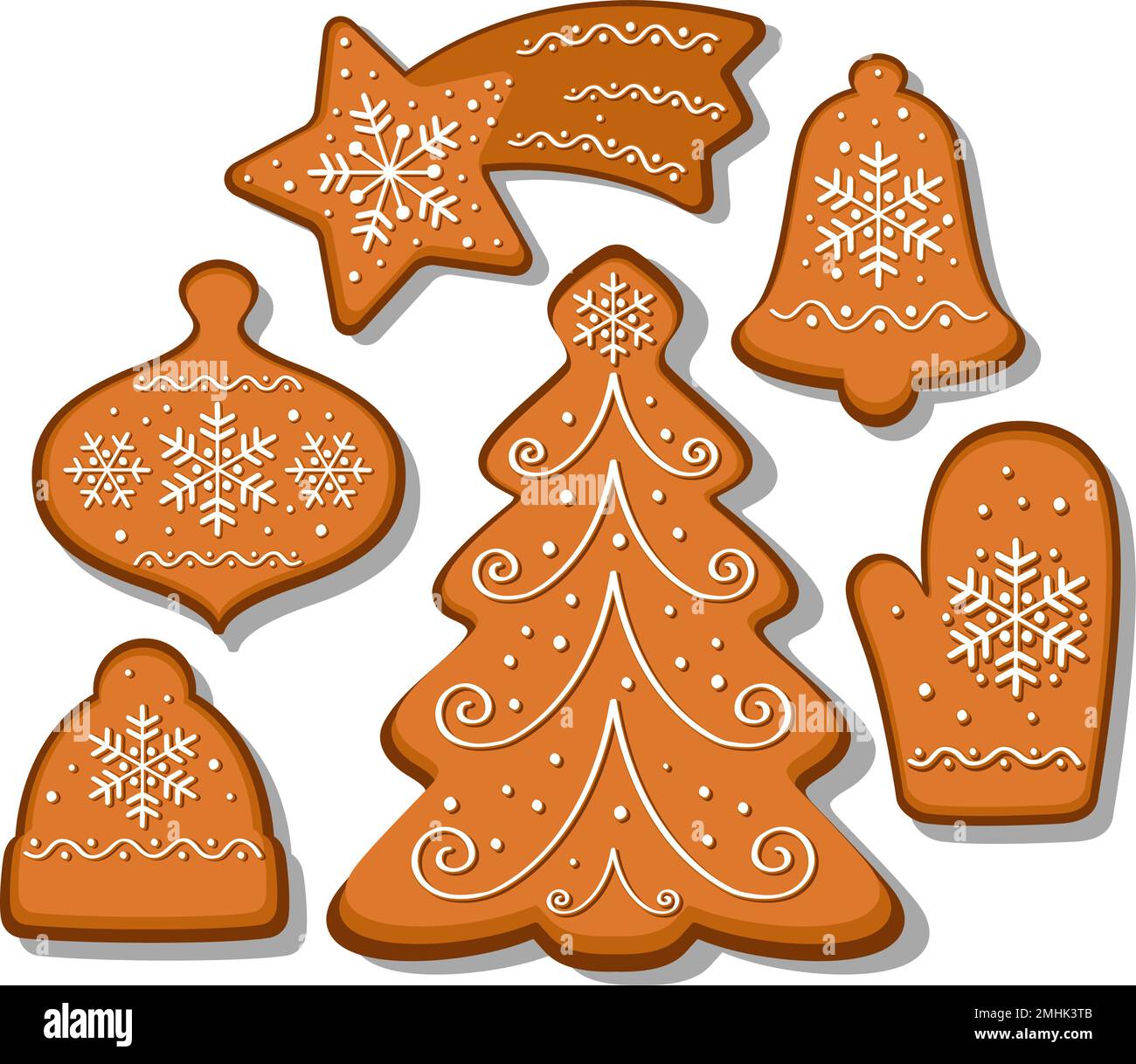 Vector set of gingerbread cookies. Christmas tree, mitten, bell, cap ...