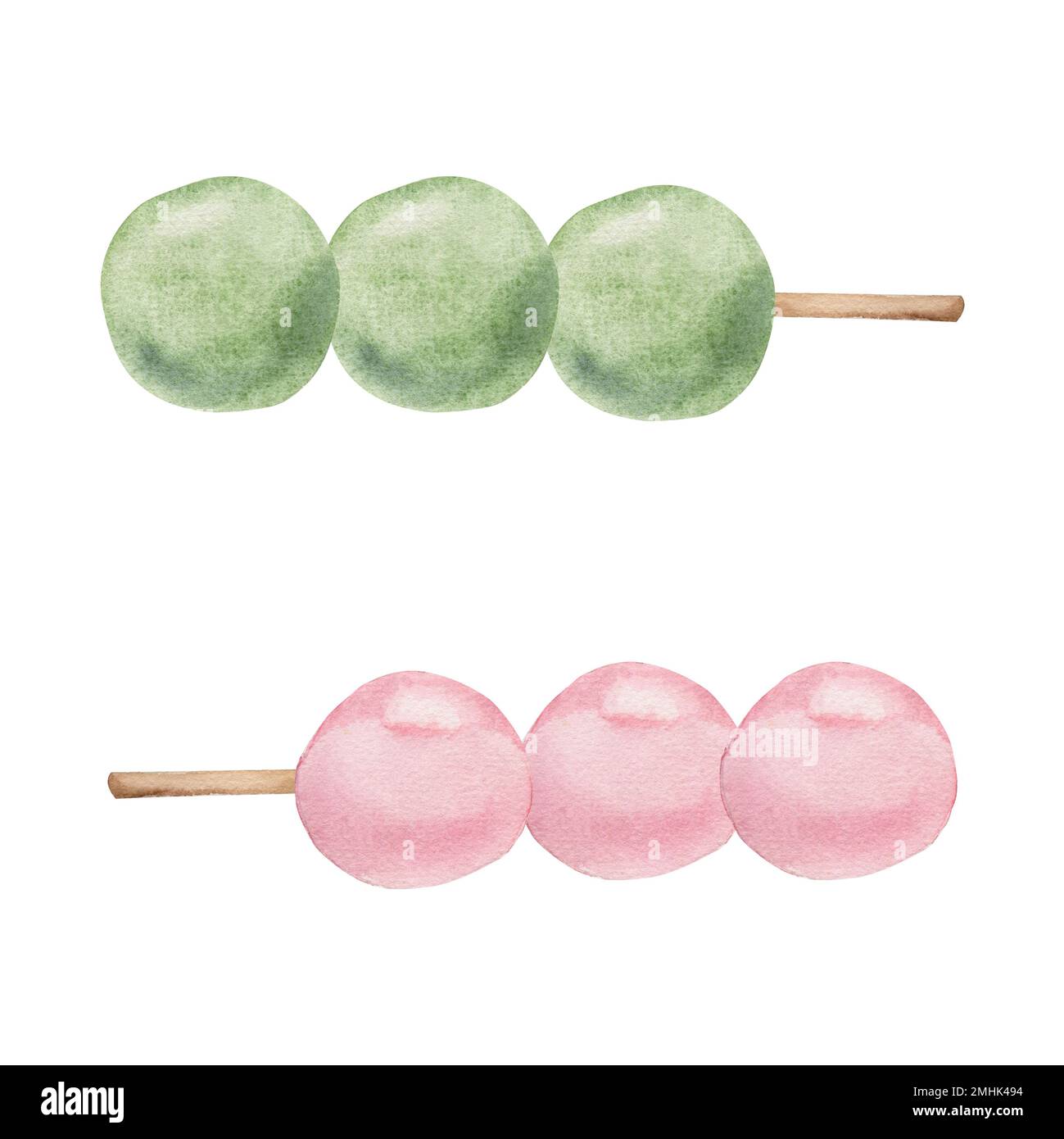 Watercolor hand drawn traditional Japanese sweets. Three color dango ...