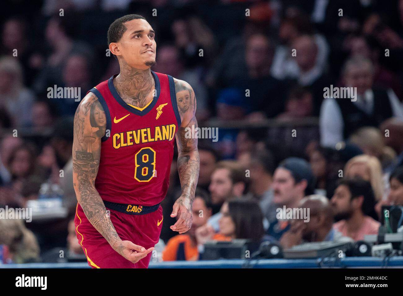 Cleveland Cavaliers guard Jordan Clarkson reacts after scoring a goal ...