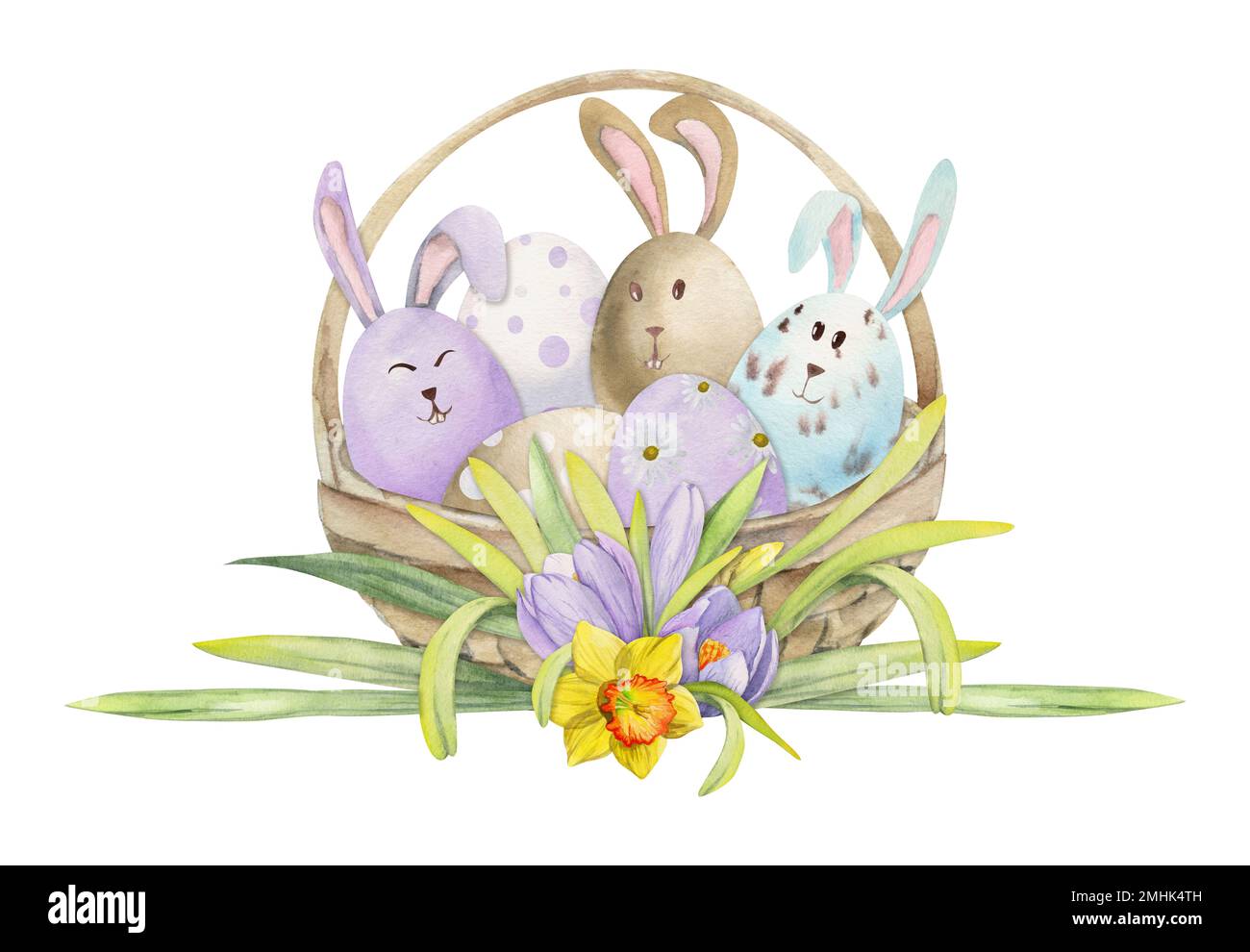 Watercolor hand drawn Easter celebration clipart. Basket of painted ...