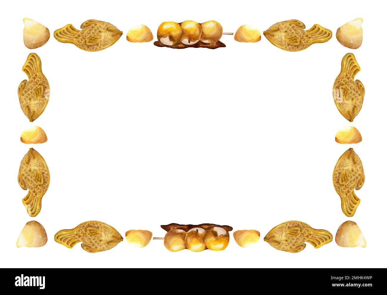 Watercolor hand drawn traditional Japanese sweets. Square frame of ...