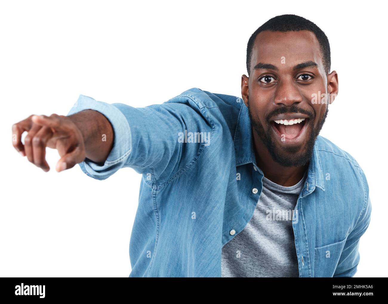 Portrait, black man and pointing for decision, smile and guy isolated ...