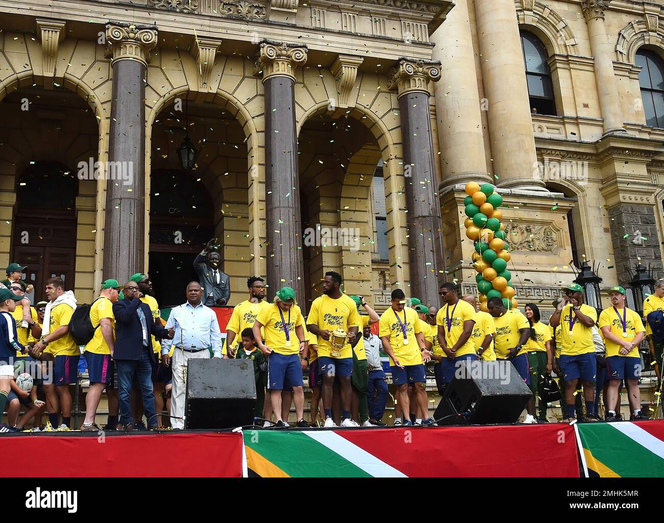 The South Africa Springbok rugby team celebrate with the trophy in ...