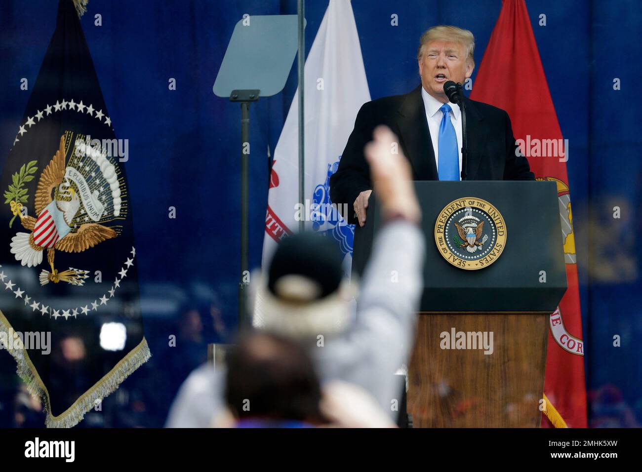 President Donald Trump delivers an address to kick off New York City's 100th annual Veterans Day ...