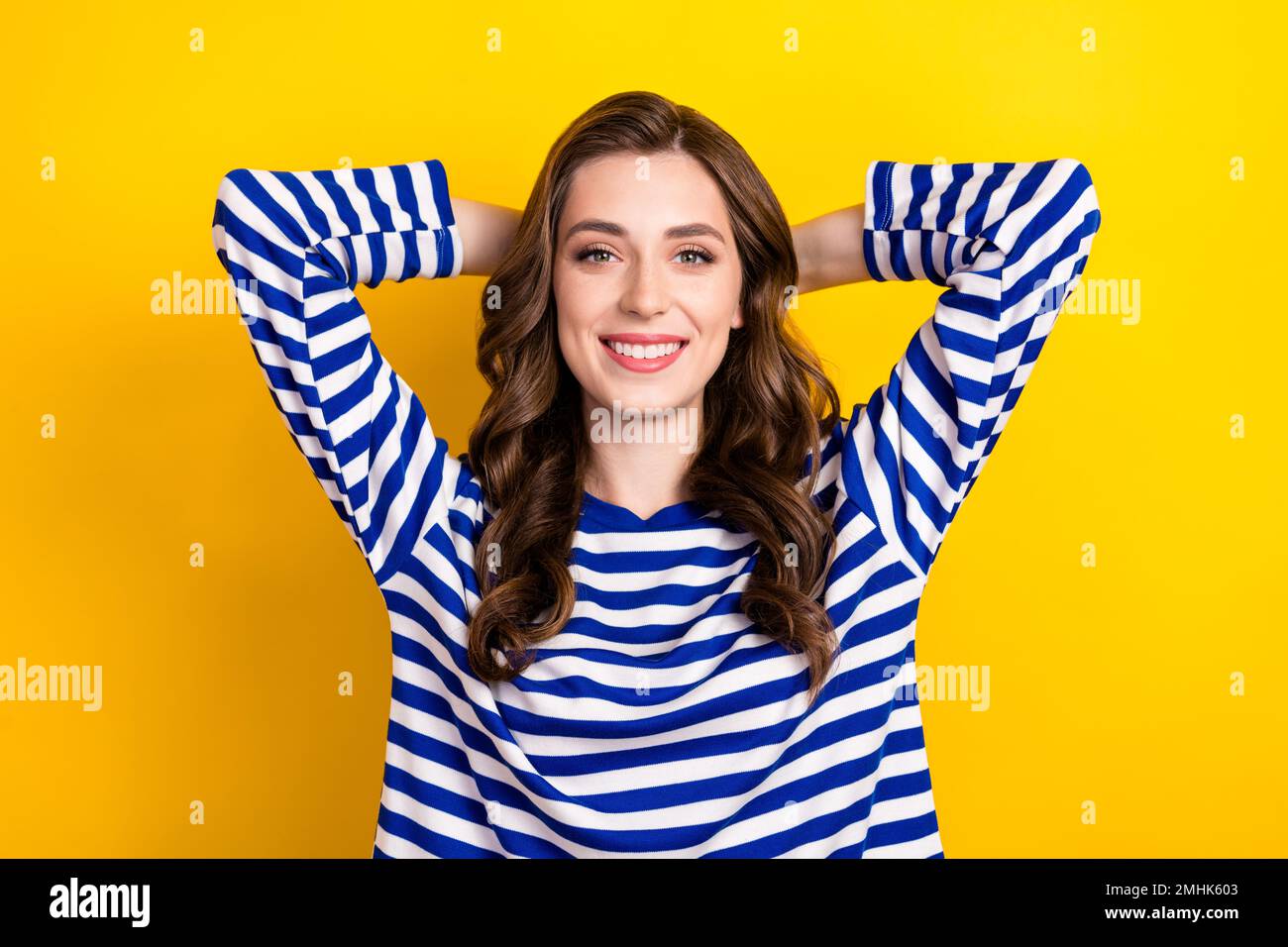 Photo portrait of lovely young lady arms behind head have rest sleepy ...