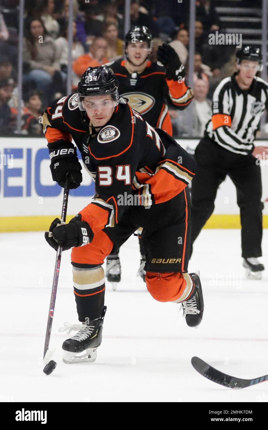 Anaheim Ducks center Sam Steel plays against the Edmonton Oilers during ...