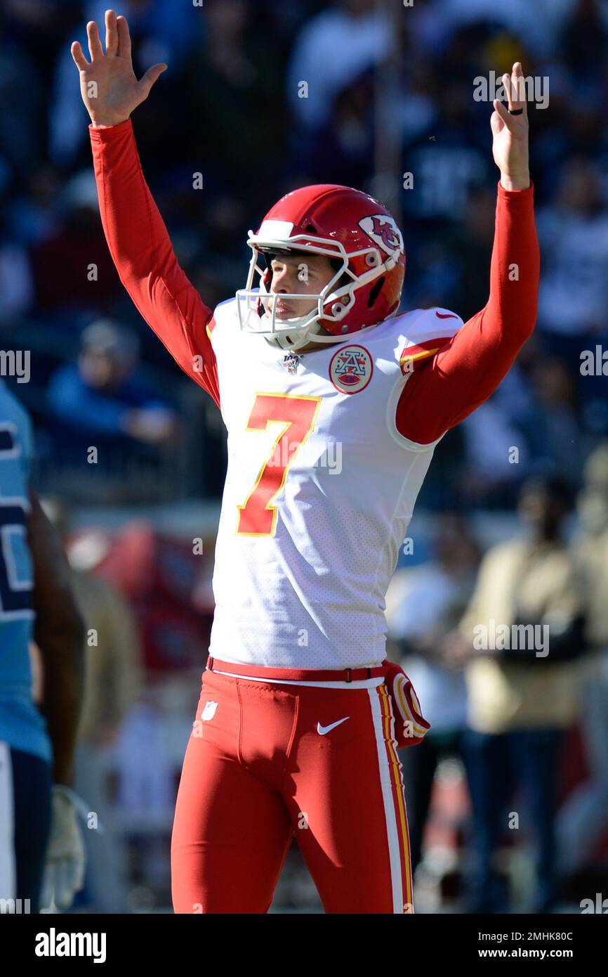 Kansas City Chiefs kicker Harrison Butker watches his field goal in the ...