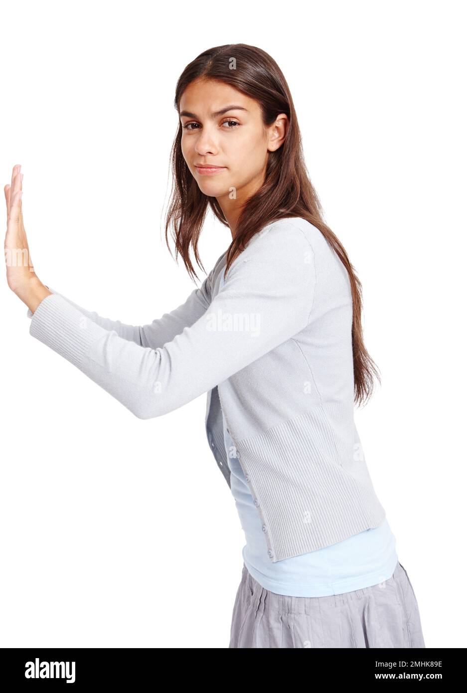 Portrait, push and mockup with a woman in studio isolated on a white ...