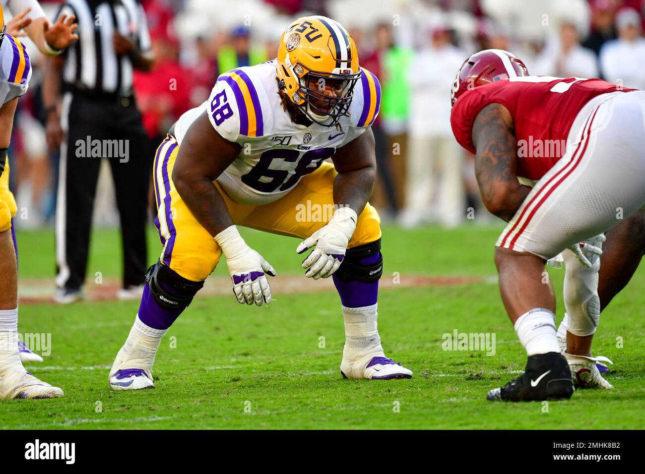 LSU offensive lineman Damien Lewis (68) gets set against Alabama in the ...