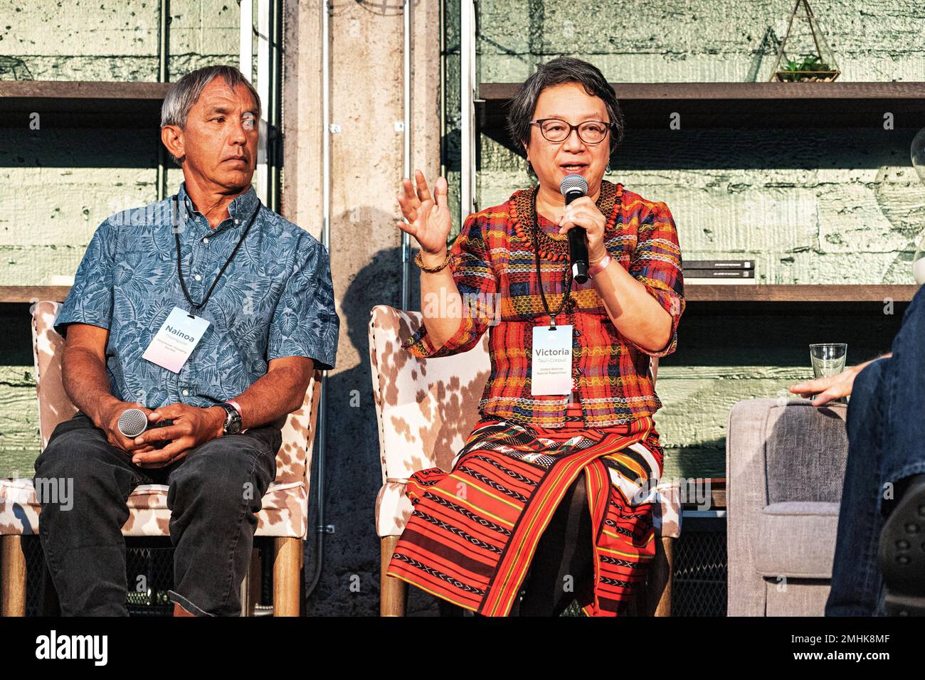 Nainoa Thompson, left, and Victoria Tauli-Corpuz seen on day three of ...