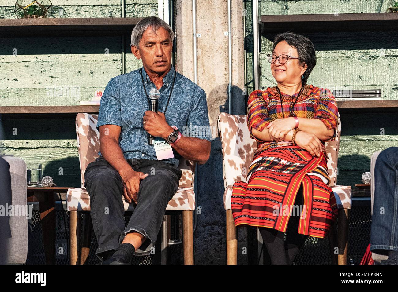Nainoa Thompson, left, and Victoria Tauli-Corpuz seen on day three of ...