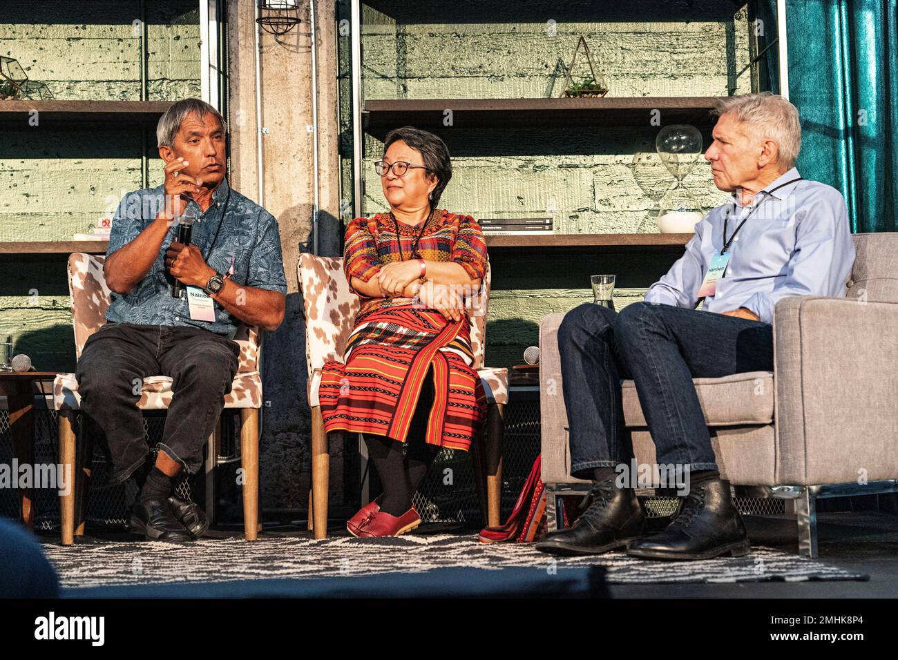 Nainoa Thompson, from left, Victoria Tauli-Corpuz, and Harrison Ford ...