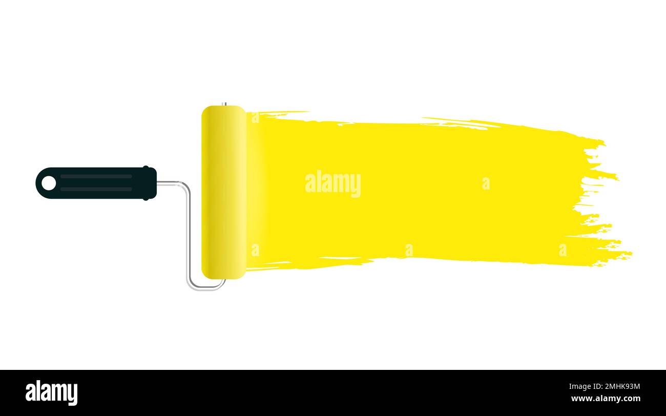 Painter painted a roller bright yellow strip on the wall, isolated on a ...