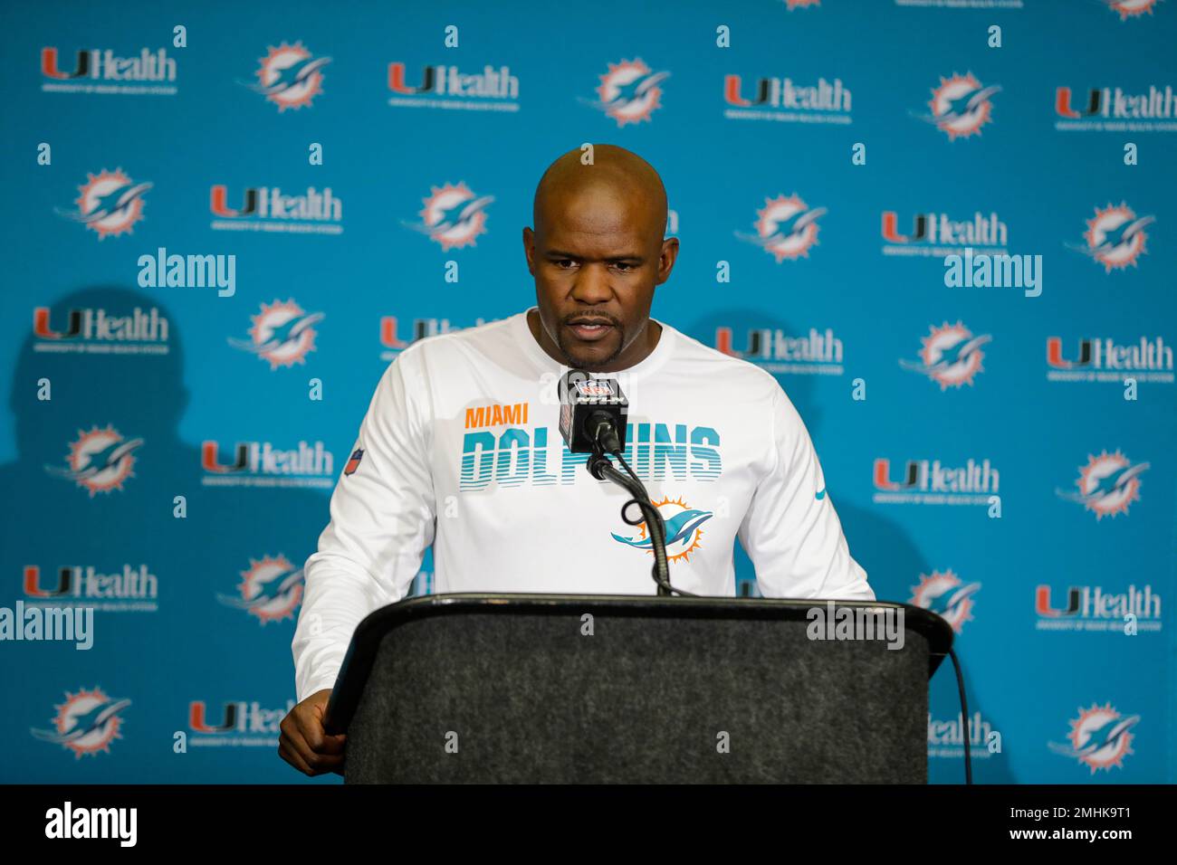 Miami Dolphins head coach Brian Flores speaks during a press conference ...