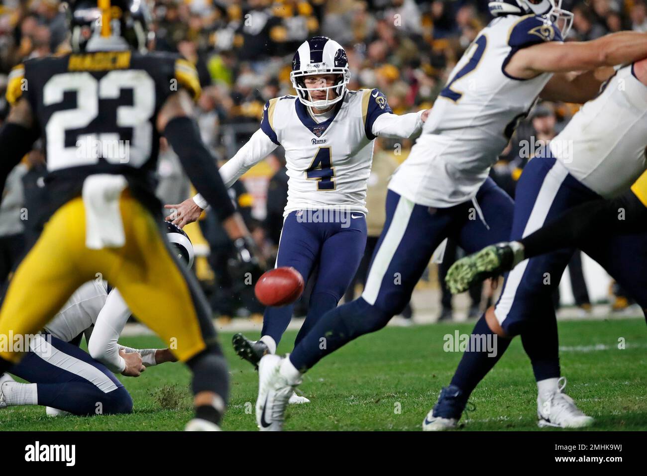 Los Angeles Rams kicker Greg Zuerlein (4) kicks a field goal during the ...