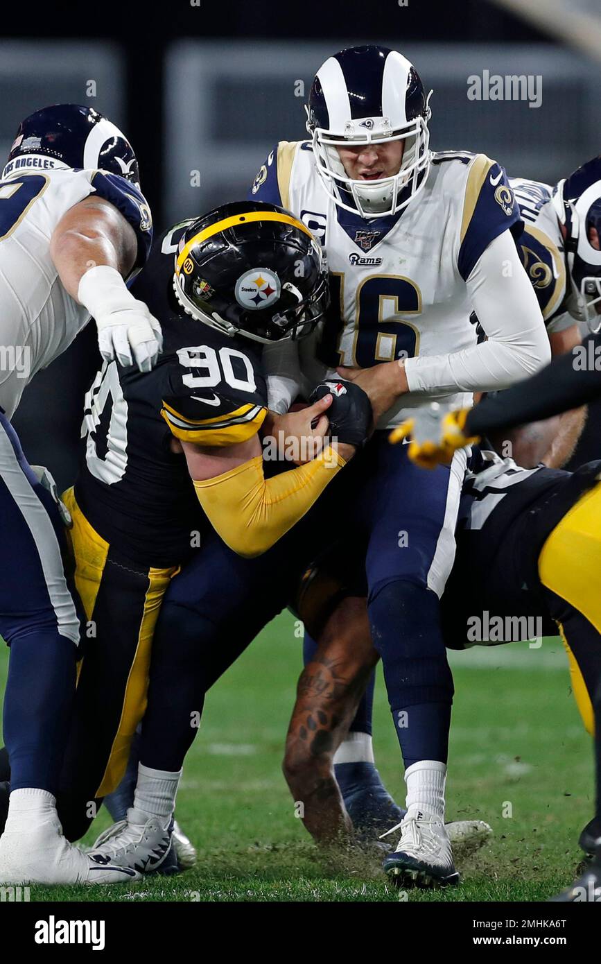 Los Angeles Rams quarterback Jared Goff (16) is sacked by Pittsburgh ...