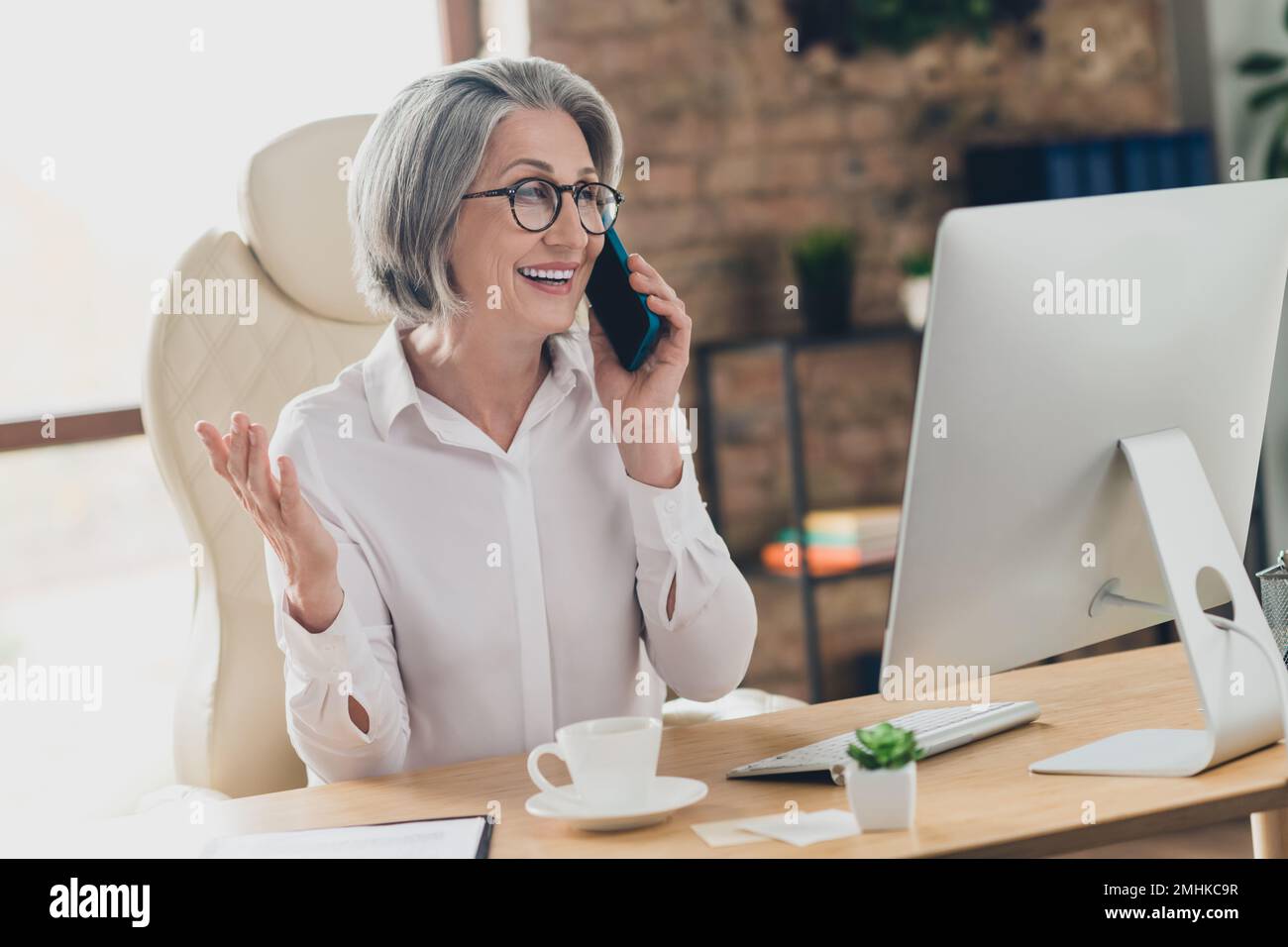 Photo of positive aged lady company owner sitting leather chair speak ...