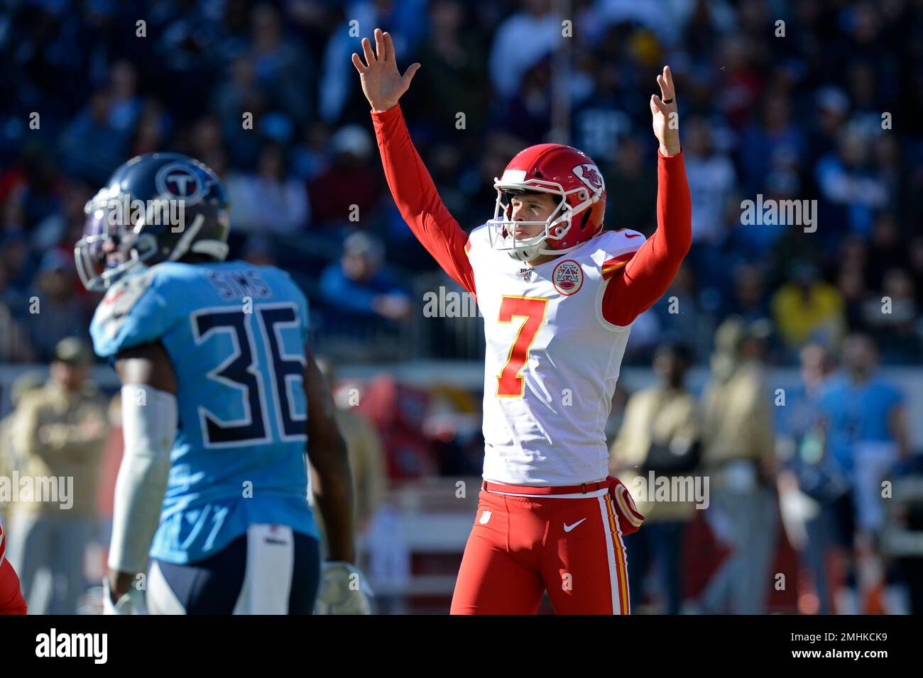 Kansas City Chiefs kicker Harrison Butker (7) celebrates after a 41 ...