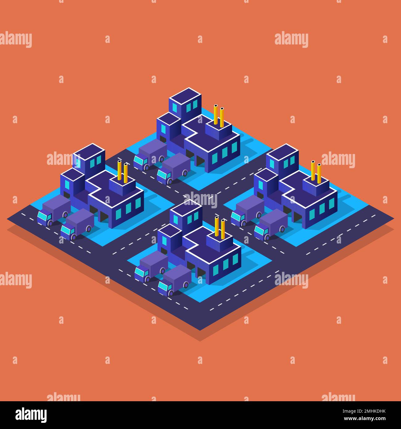 City industrial factories warehouses Isometric night lights ...