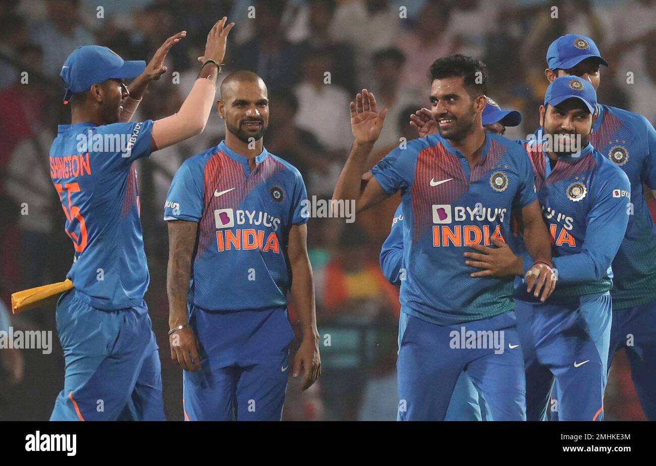 India's Deepak Chahal, send from right, celebrates his hat-trick with ...