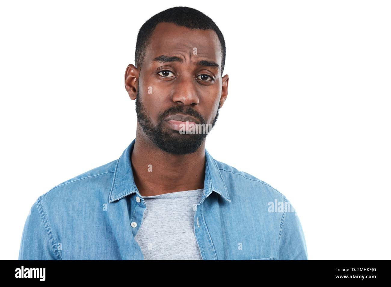 Sad, depression and portrait of a serious black man isolated on a white ...