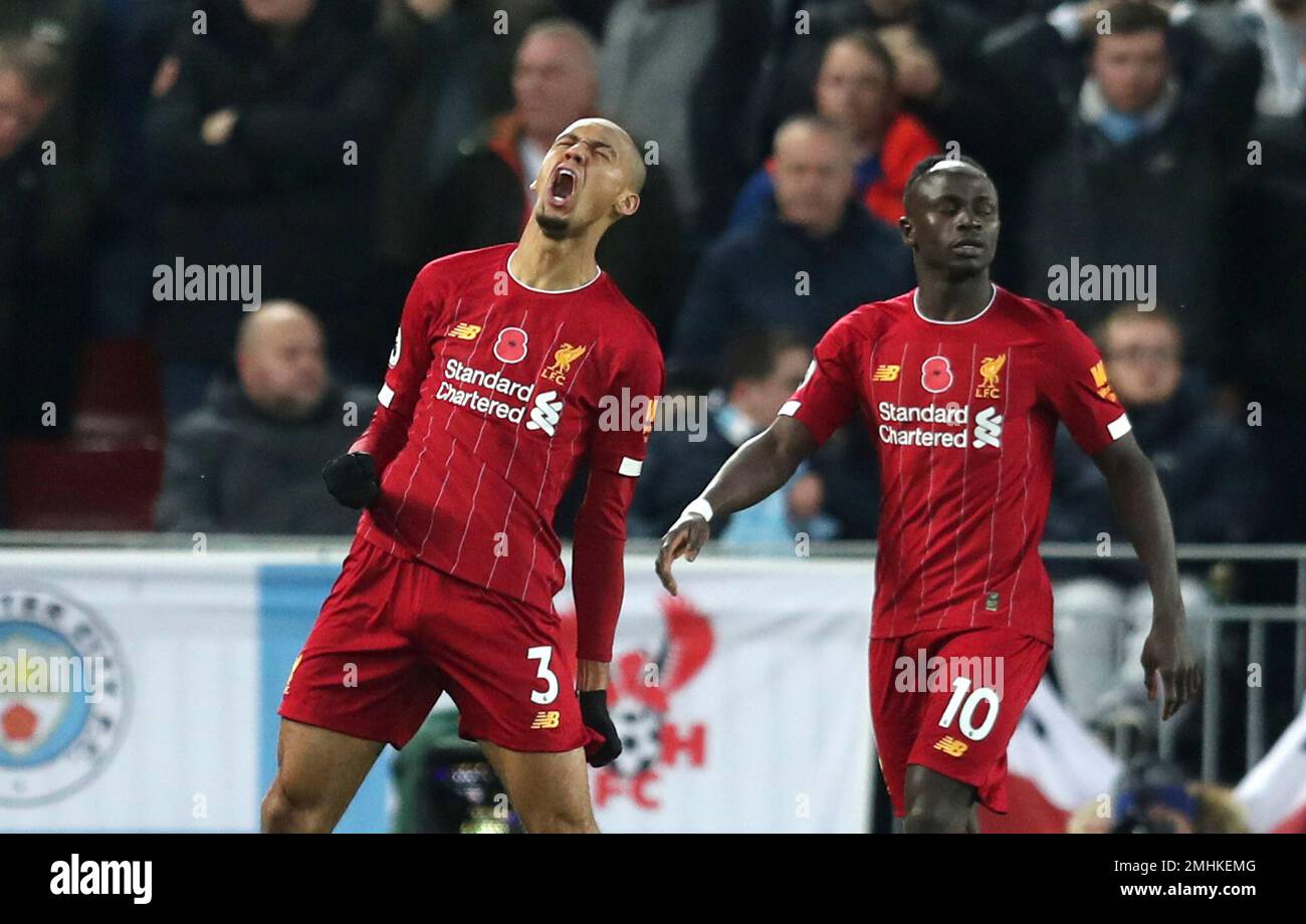 Liverpool's Fabinho celebrates after scoring his side's opening goal ...