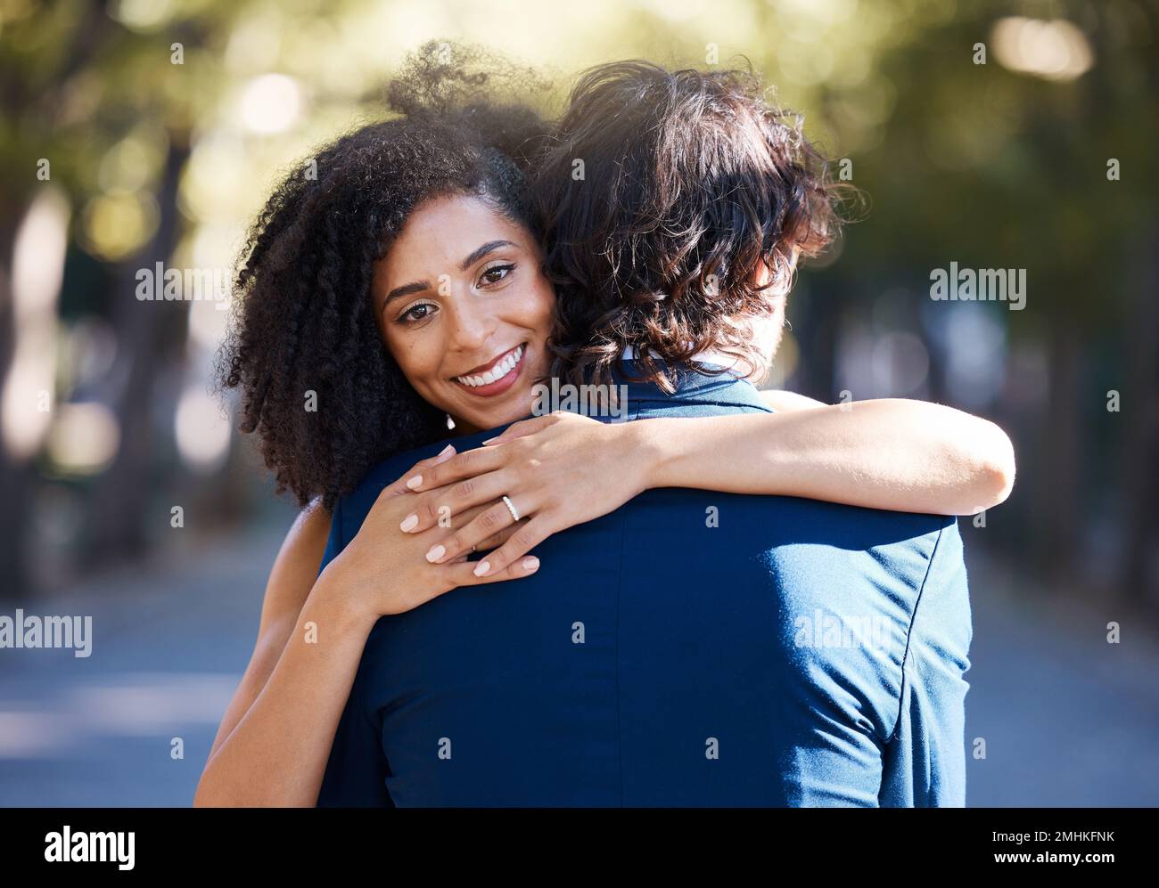 Wedding, couple hug and marriage in park with commitment, trust and ...